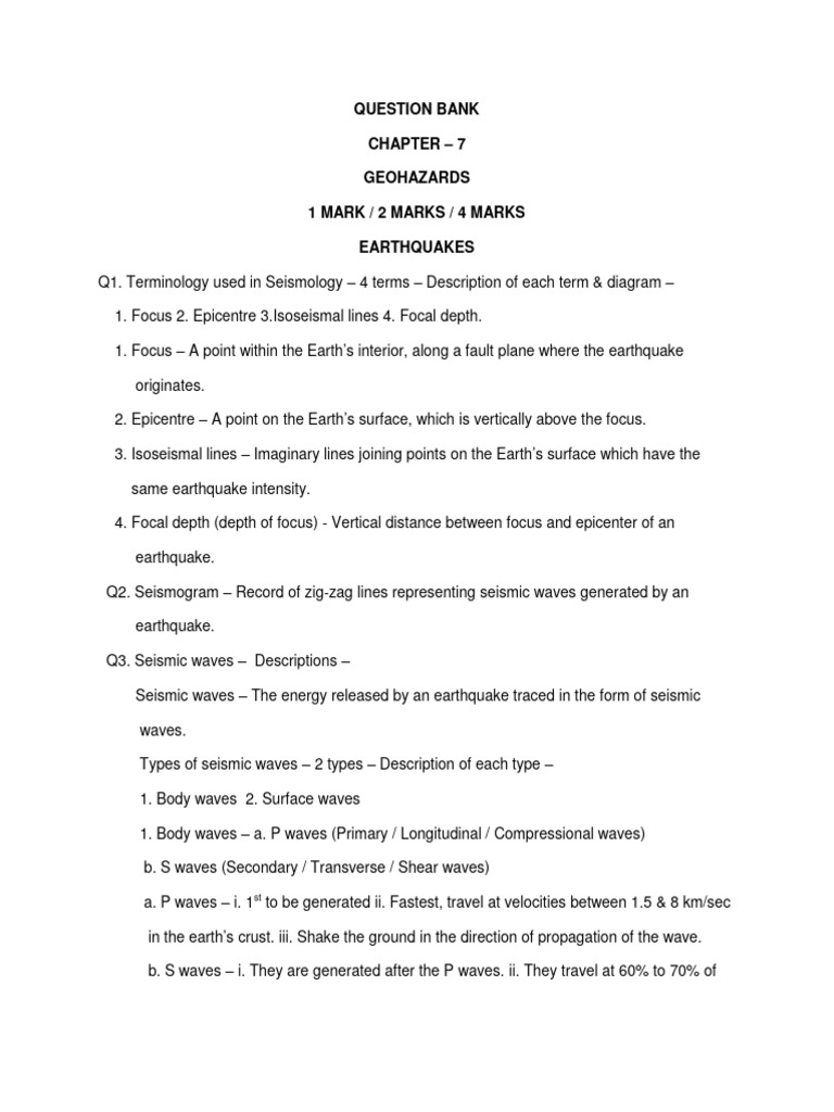 Question Bank Chap 7 Geohazards | PDF | Volcano | Earthquakes