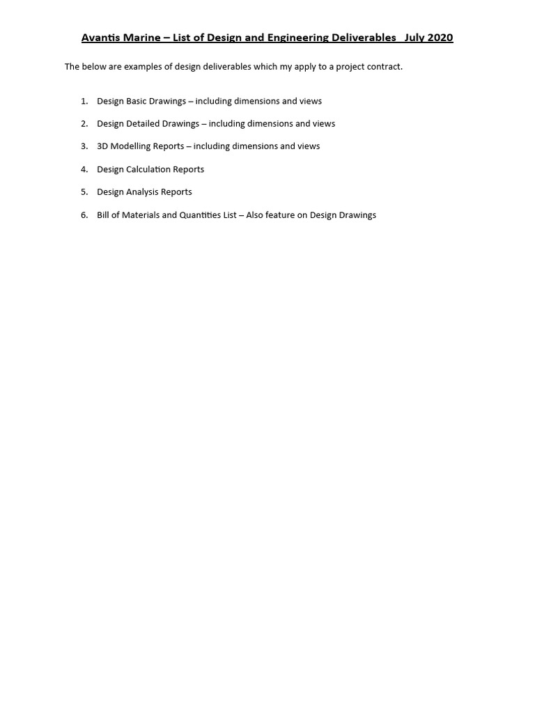 List of Design and Engineering Deliverables | PDF