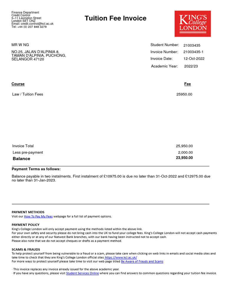 Tuition Fee Invoice | PDF | Payments | Cheque