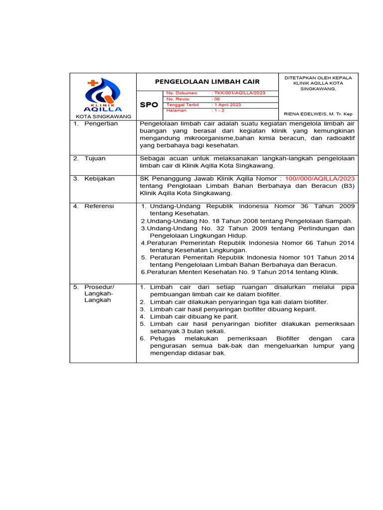 SPO Pengelolaan Limbah Cair | PDF