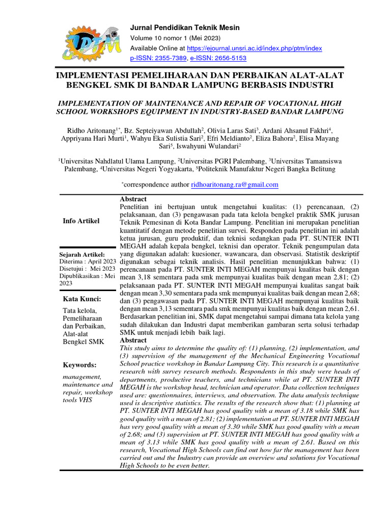Implementasi Perawatan Dan Perbaikan Peralatan Bengkel SMK Teknik Pemesinan Di Bandar Lampung ...