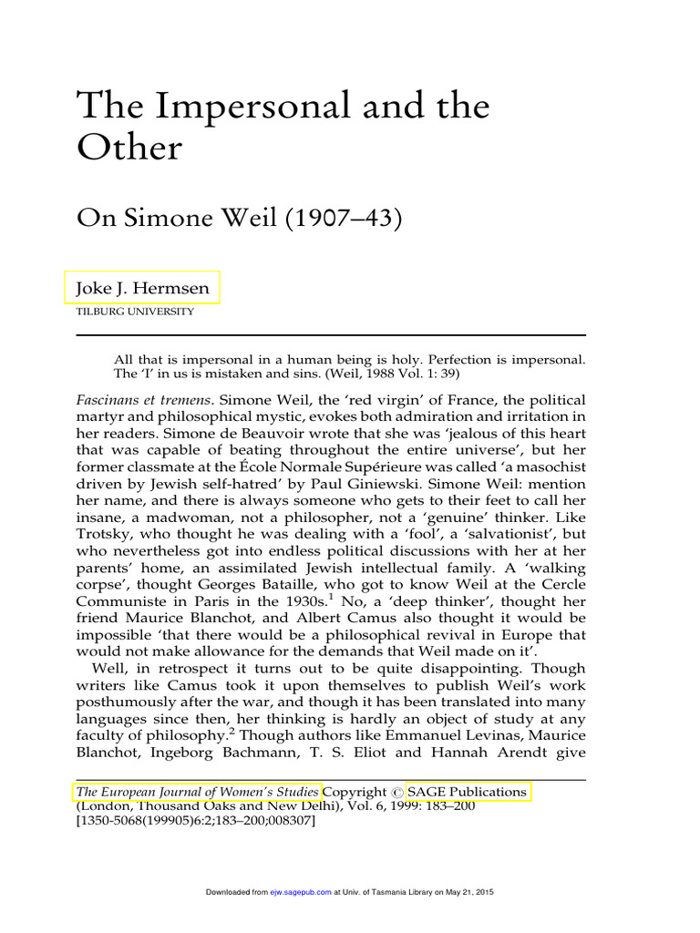 HERMSEN-The Impersonal and The Other On Simone Weil (1907-43) | PDF ...