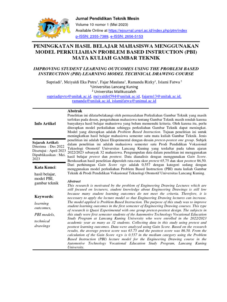 Peningkatan Hasil Belajar Mahasiswa Menggunakan Model Perkuliahan Problem Based Instruction (Pbi ...
