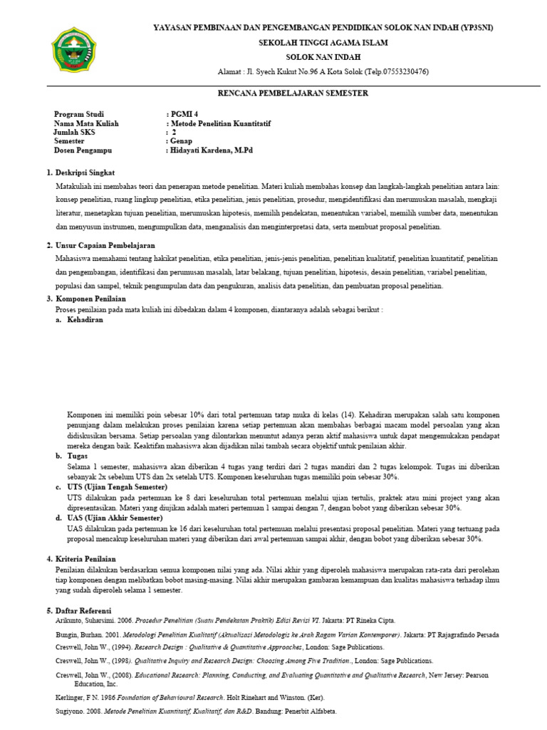 RPS Metode Penelitian Kuantitatif | PDF | Seni | Sains & Matematika