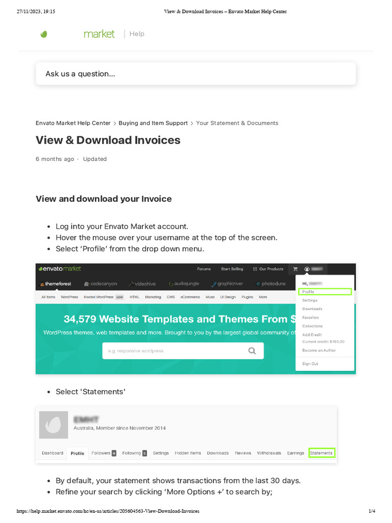 View & Download Invoices - Envato Market Help Center | PDF | Invoice ...
