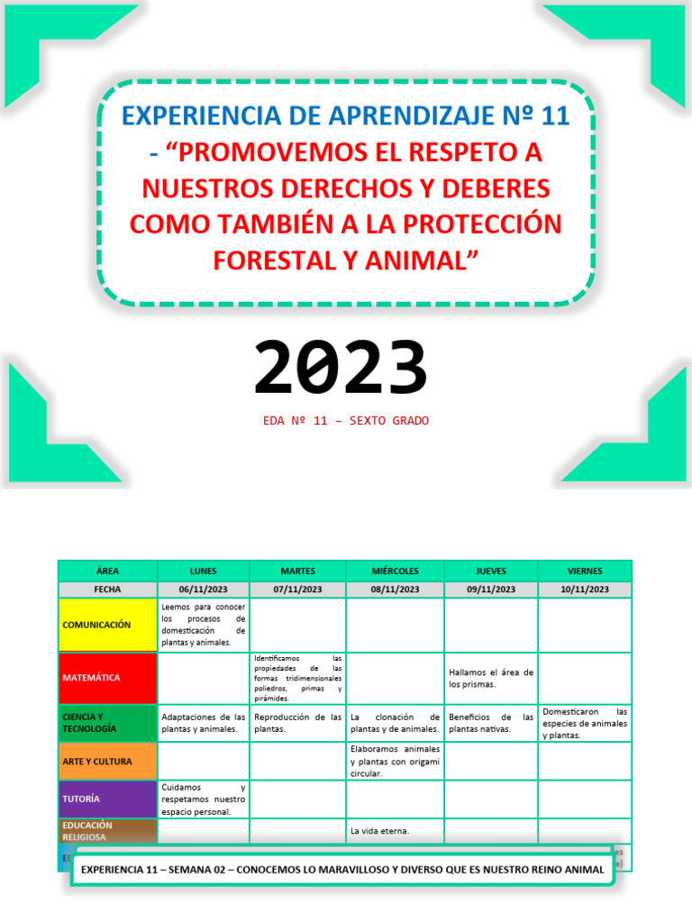 EDA 11 - Planificador Semanal - Sexto Grado | PDF