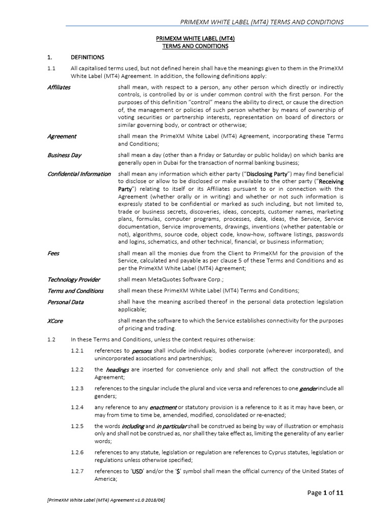 PrimeXM DMCC MT4 White Label Agreement TCs v1.0 2018 06 | PDF ...