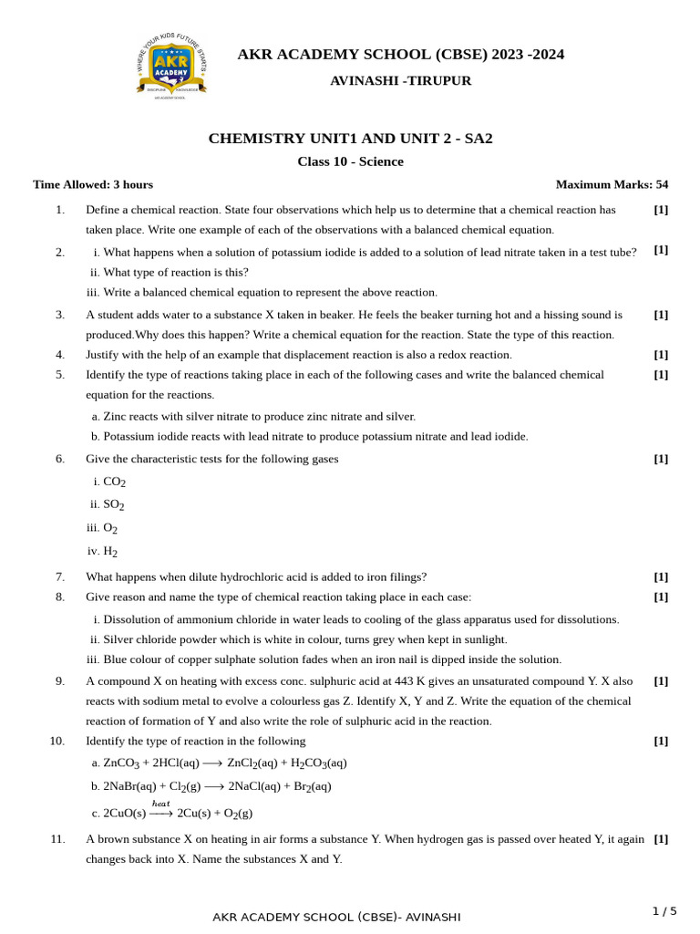 Class 10 Chemistry Reaction Questions | PDF | Chemical Reactions | Chlorine
