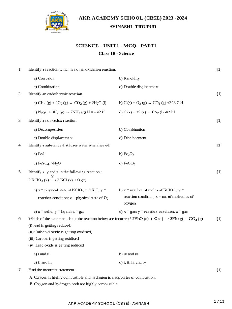 Class 10 Science MCQs - Unit 1 | PDF | Chlorine | Chemical Reactions