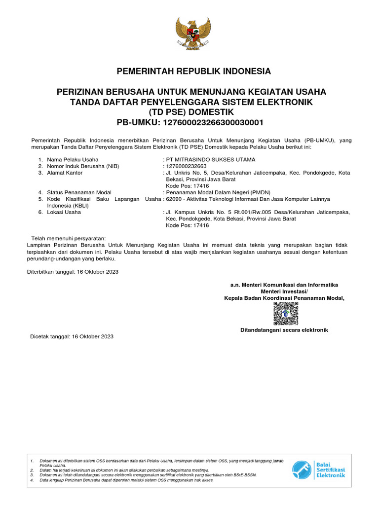 Sertifikat Pse Mitrasindo Untuk Sim Klinik Satkes Dokkes Polri | PDF