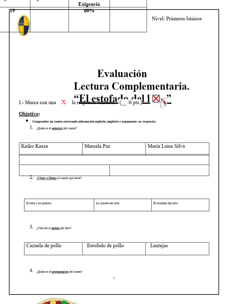 Evaluación El Estofado Del Lobo | PDF | Alimentos