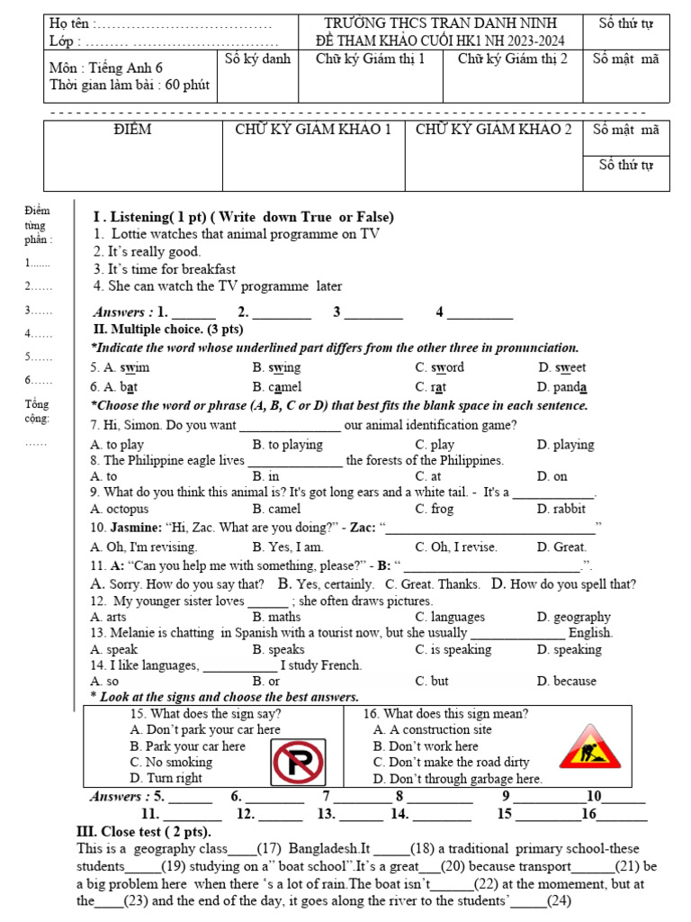 QUAN 8-TDN-anh6 - hk1 NH 2023-2024 | PDF | Linguistics