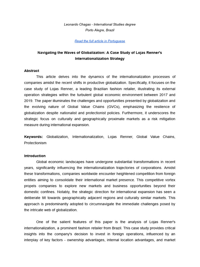 Navigating The Waves of Globalization - A Case Study of Lojas Renner's Internationalization ...