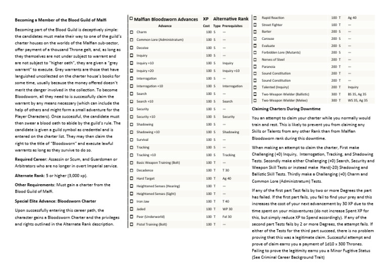 Advanced Dark Heresy - Character Sheet Alternative Rank - Malfian Bloodsworn Fillable | PDF
