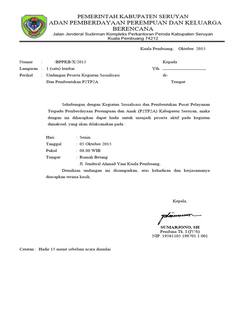 Undangan Sosialisasi P2TP2A Seruyan | PDF