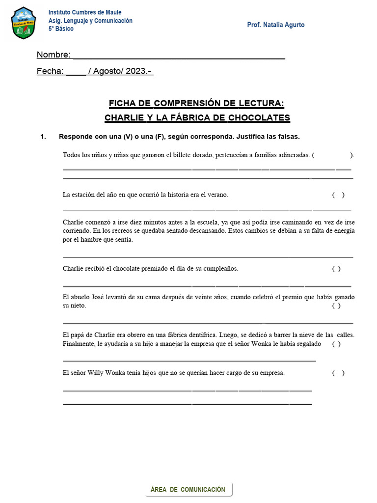 Ficha de Comprension de Lectura Charlie y La Fabrica de Chocolates | PDF