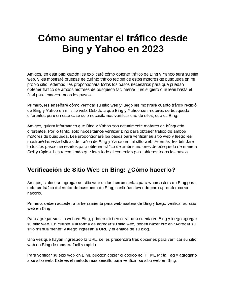 Aumenta tráfico en Bing y Yahoo 2023 | PDF | Sitios web | Yahoo!