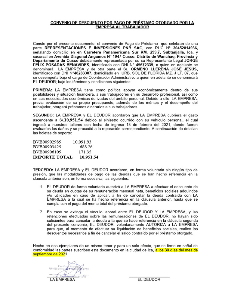 Convenio de Descuento Por Pago de Préstamo Otorgado Por La Empresa Al ...