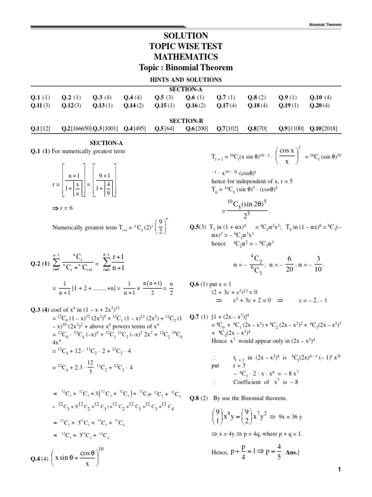 08 Binomial Theorem Only Solution | PDF | Mathematics | Algebra