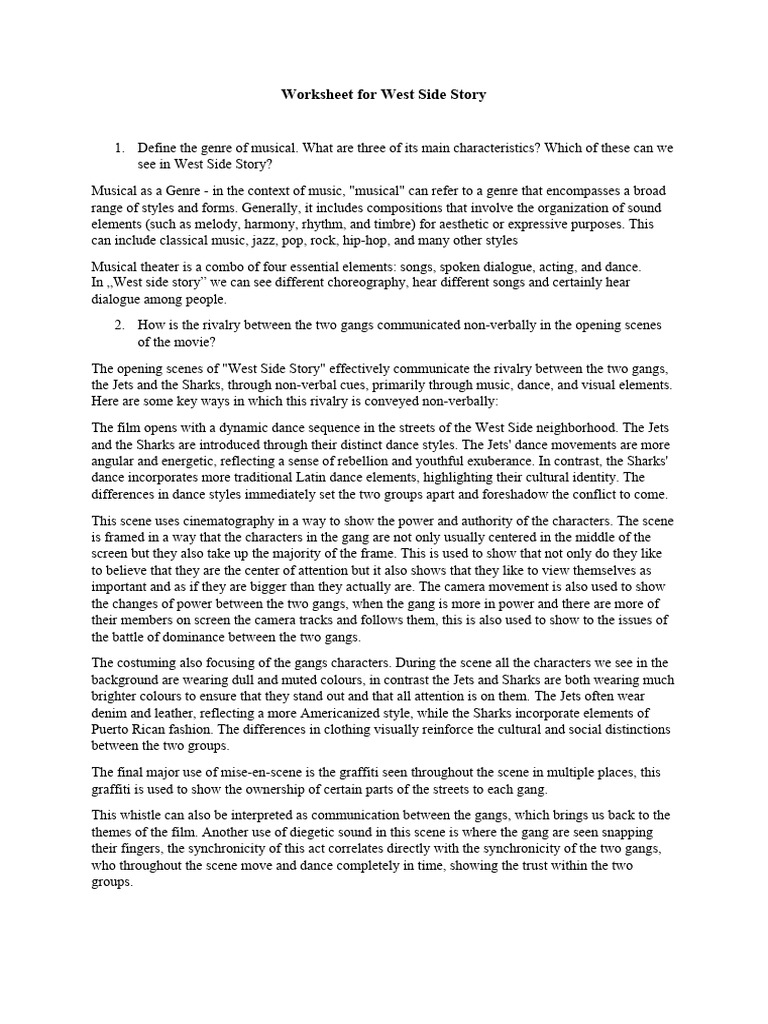 Worksheet For West Side Story | PDF | Romeo And Juliet | Characters In ...