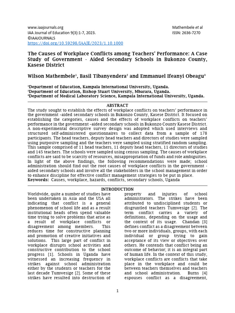 The Causes of Workplace Conflicts Among Teachers' Performance A Case ...