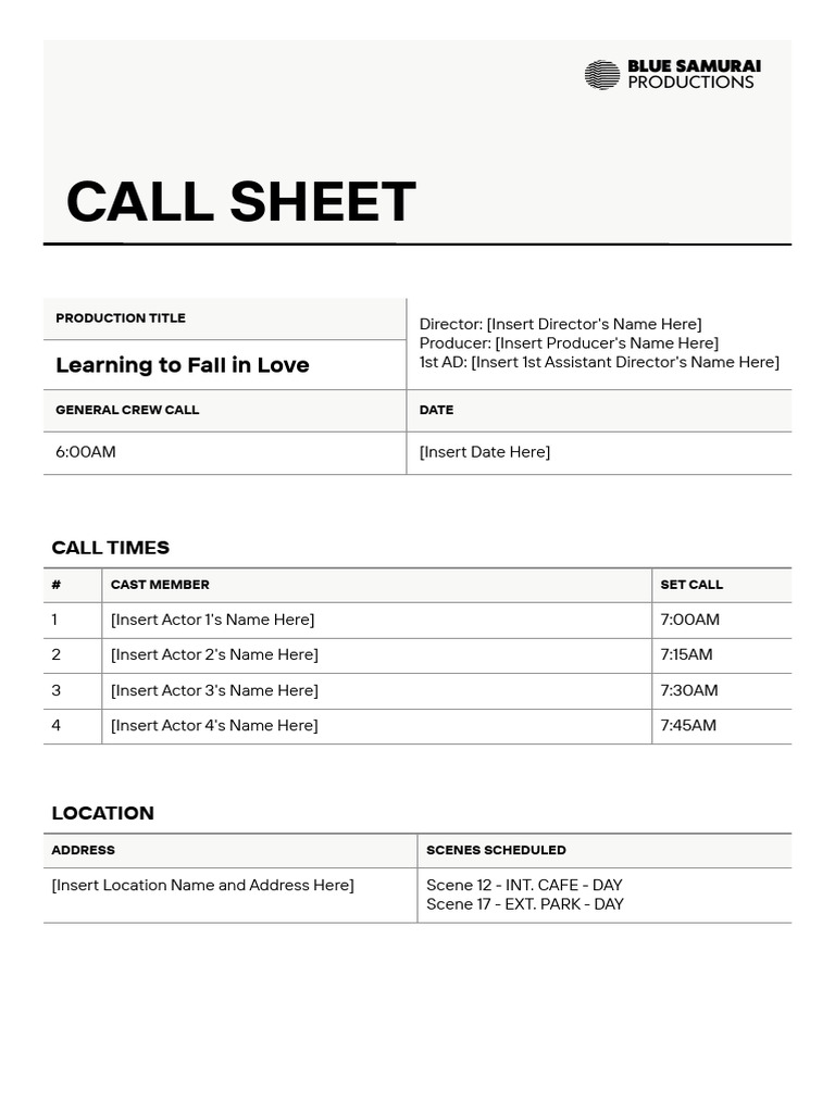 Production Call Sheet Professional Doc in Black and White Agnostic ...