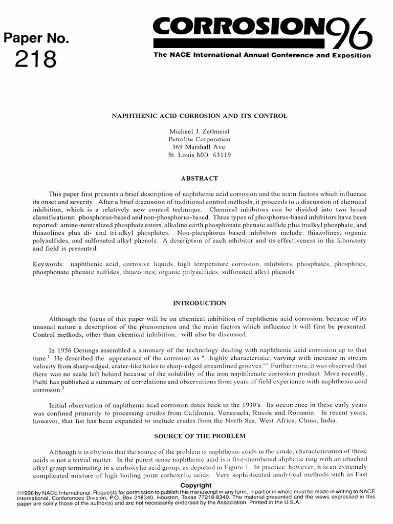 Naphthenic Acid Corrosion and Its Control (51300-96218-SG) | PDF ...