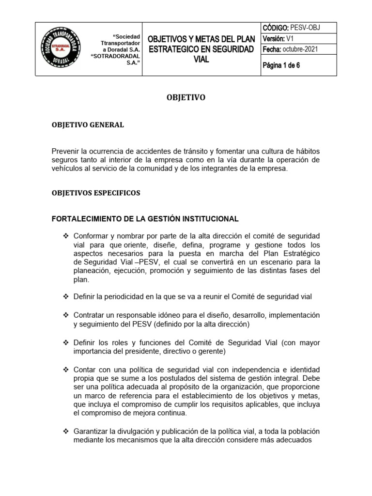 Objetivo y Mestas Del Pesv | PDF | Seguridad vial | Business