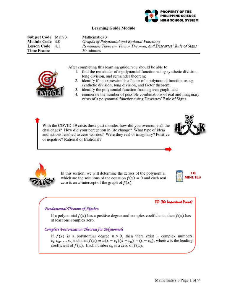SLG Math3 4.1 - Remainder Theorem, Factor Theorem, and Descartes Rule ...
