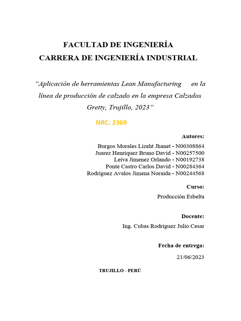 Informe Final Producción Esbelta | PDF | Lean Manufacturing | Business