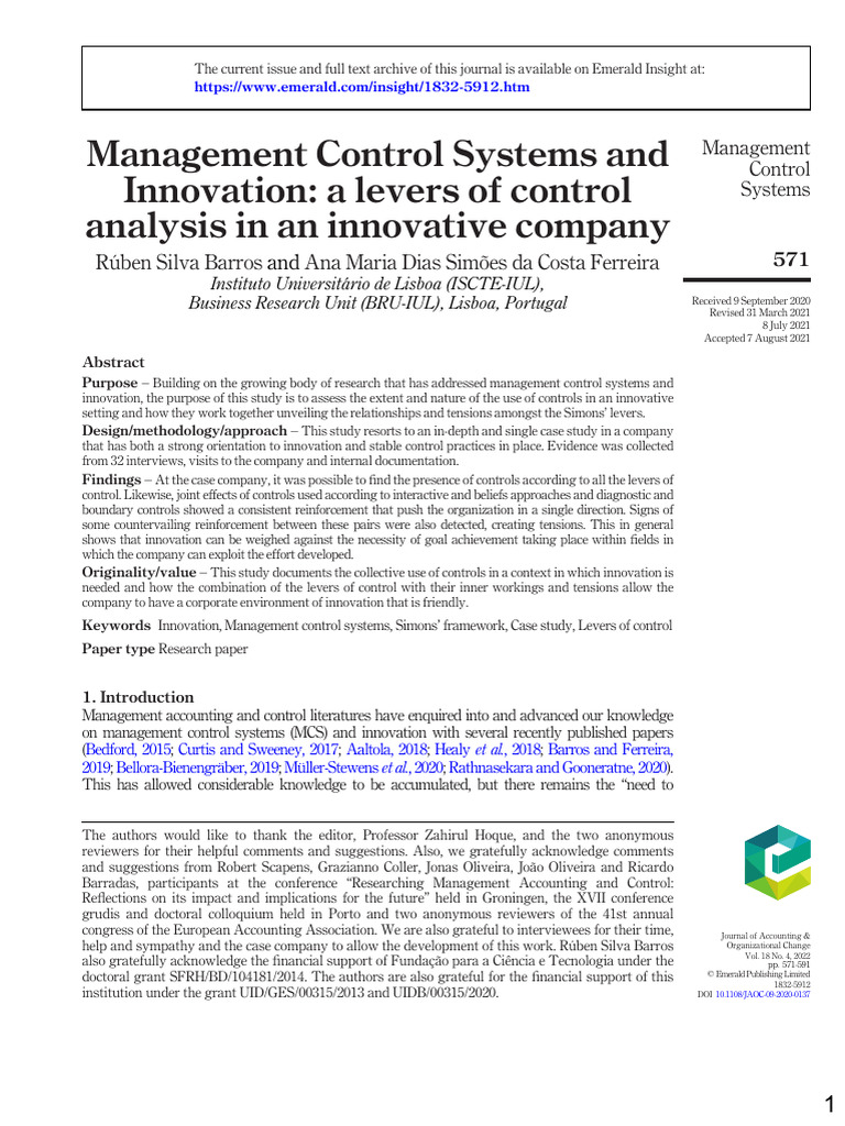 Management Control Systems and Innovation A Levers of Control Analysis ...