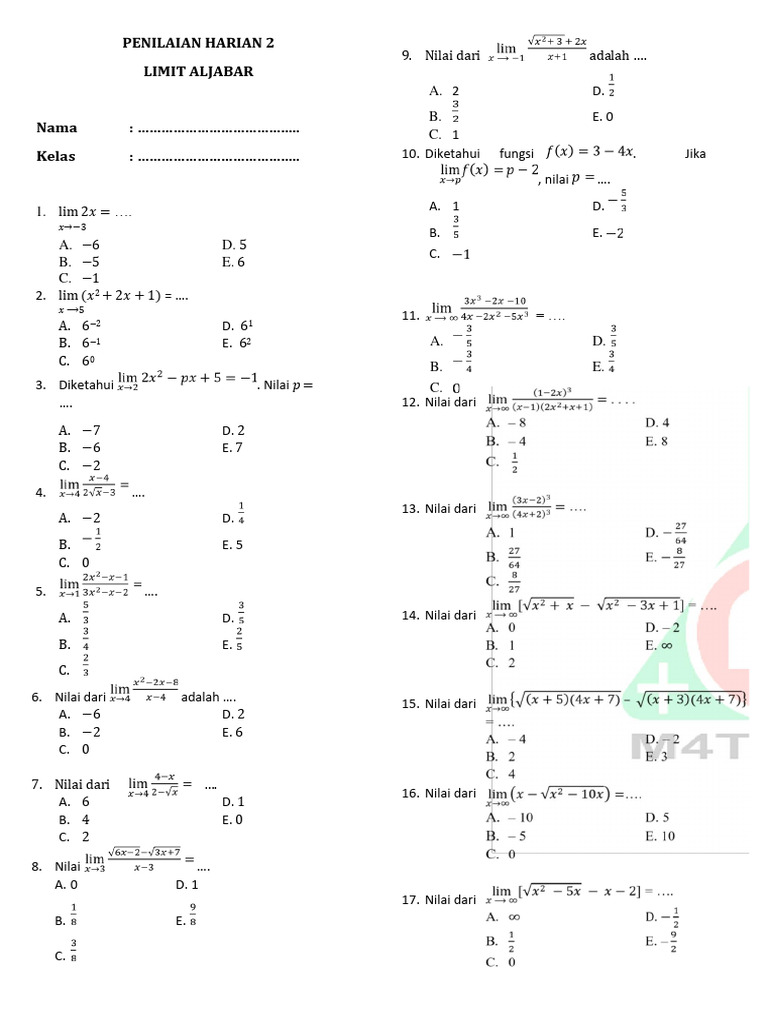 PENILAIAN HARIAN 2 Limit Aljabar | PDF