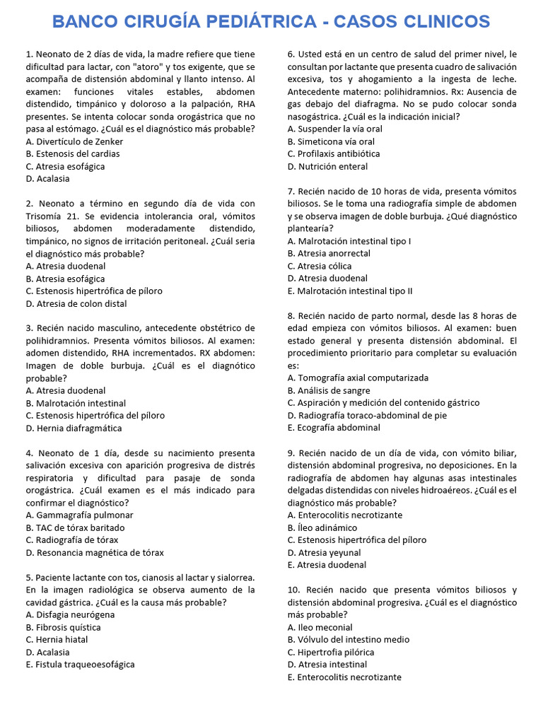 Cirugía Pediátrica - Banco de Preguntas - Caso Clínico - Sin Claves | PDF | Abdomen | Diarrea