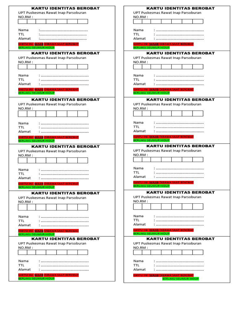 Kartu Identitas Berobat Puskesmas | PDF