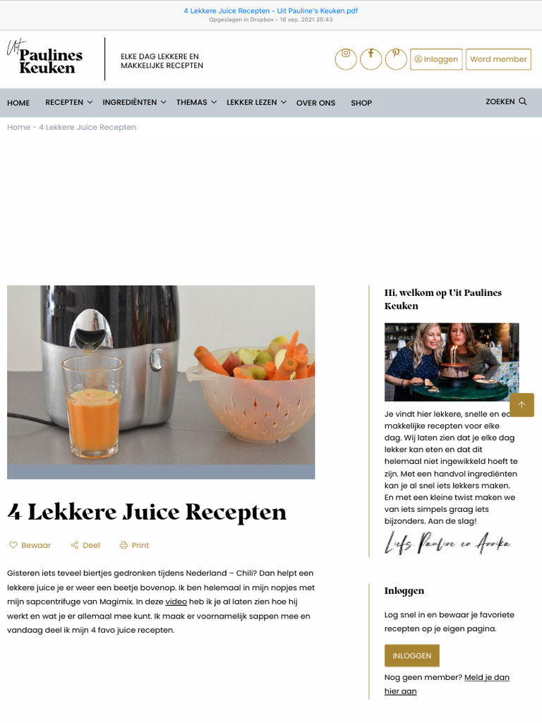 4 Lekkere Juice Recepten - Uit Pauline's Keuken | PDF