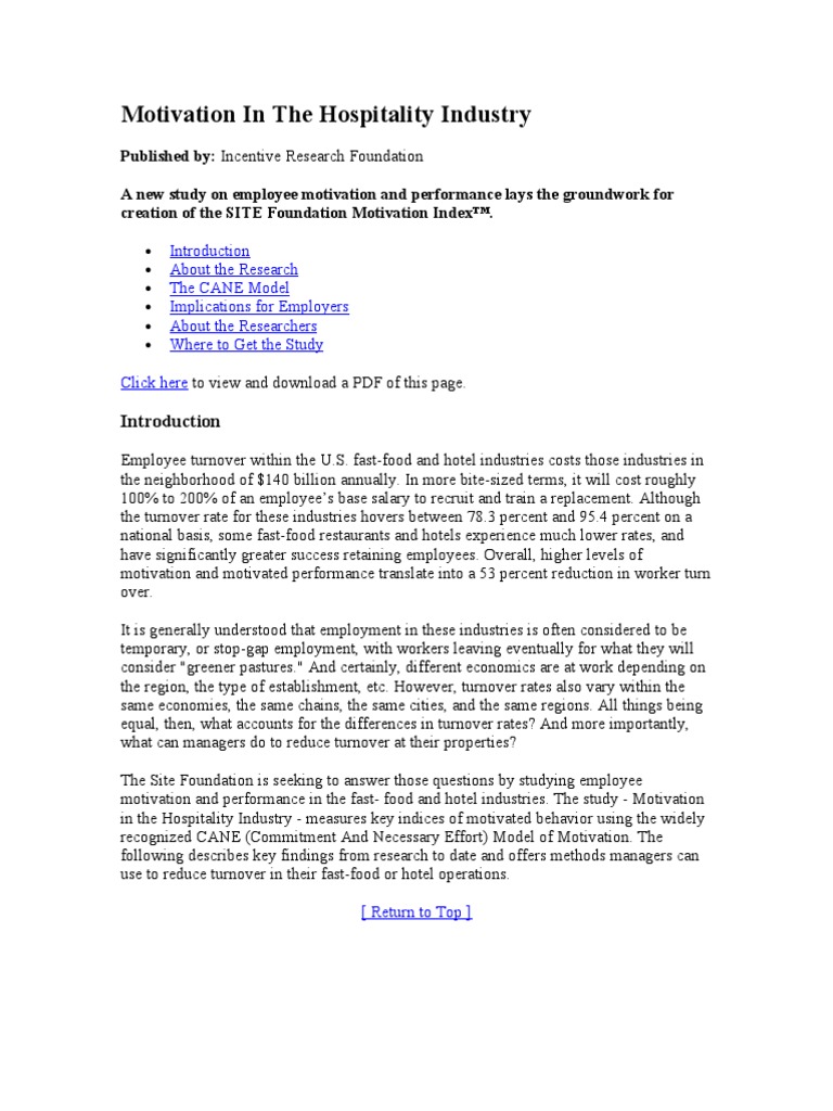 Motivation in The Hospitality Industry | PDF | Turnover (Employment ...