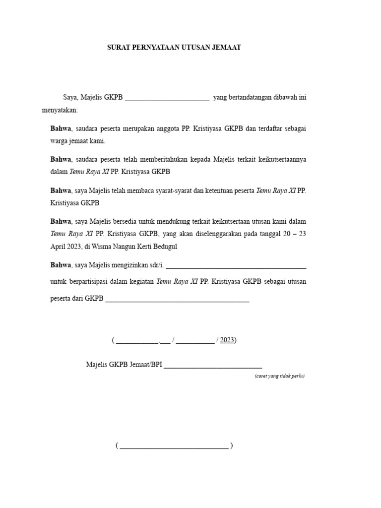 Surat Utusan Jemaat GKPB 2023 | PDF