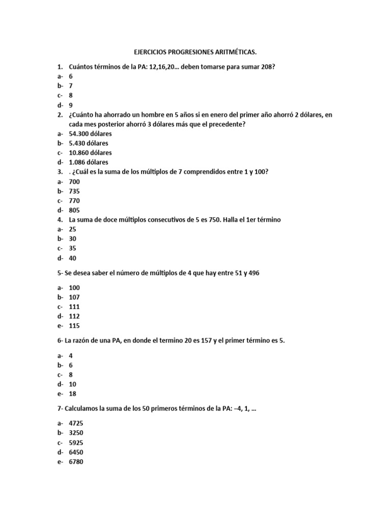 Ejercicios Progresiones Aritméticas | PDF