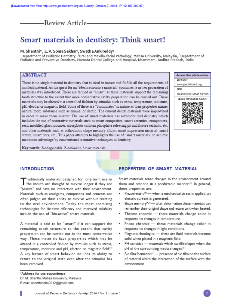 Smart Materials in Dentistry Think Smart! | PDF | Materials | Physical Sciences