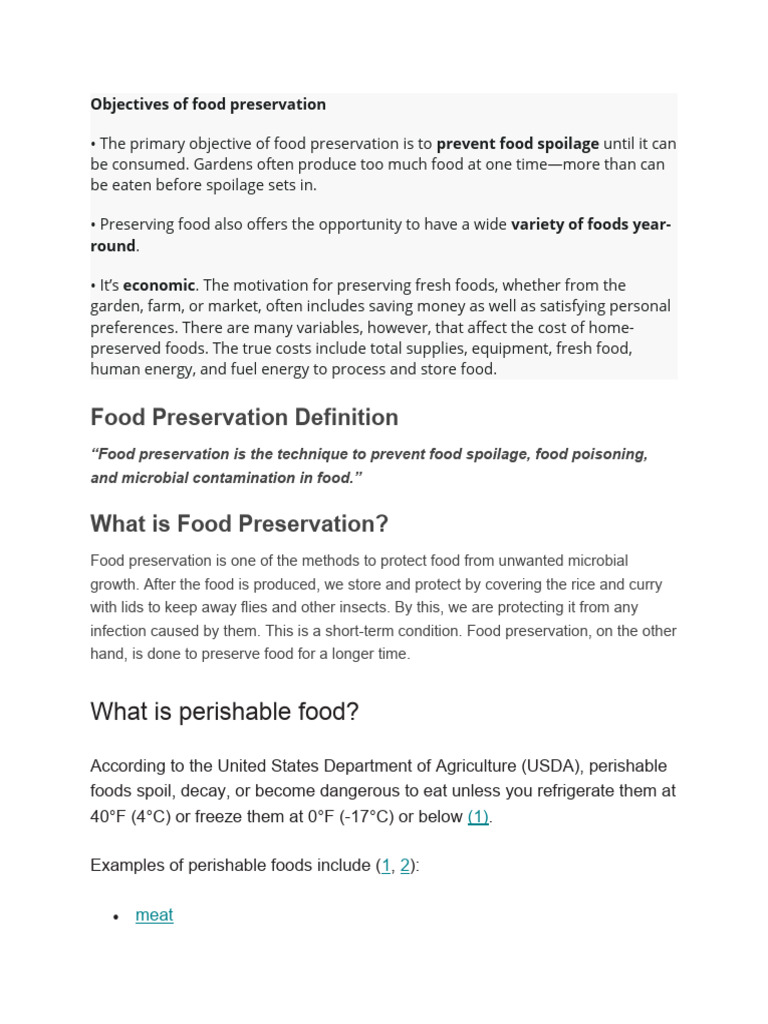 Objectives of Food Preservation | PDF | Food Preservation | Foods