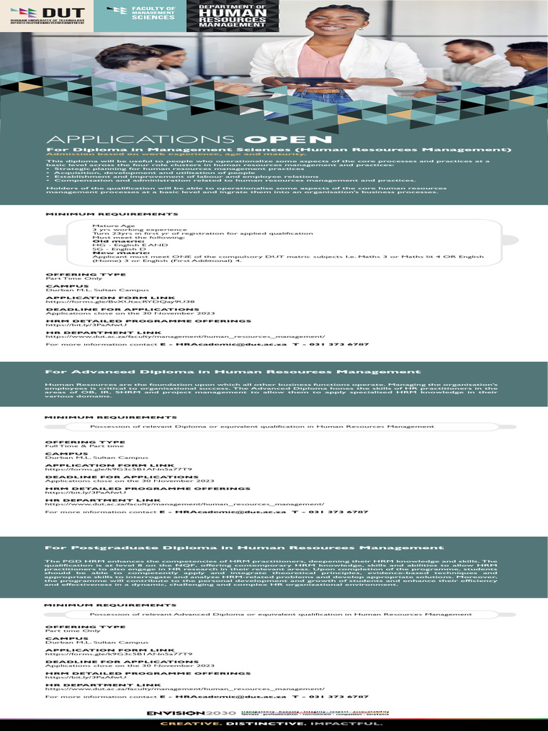DUT HR Management Diploma Applications | PDF