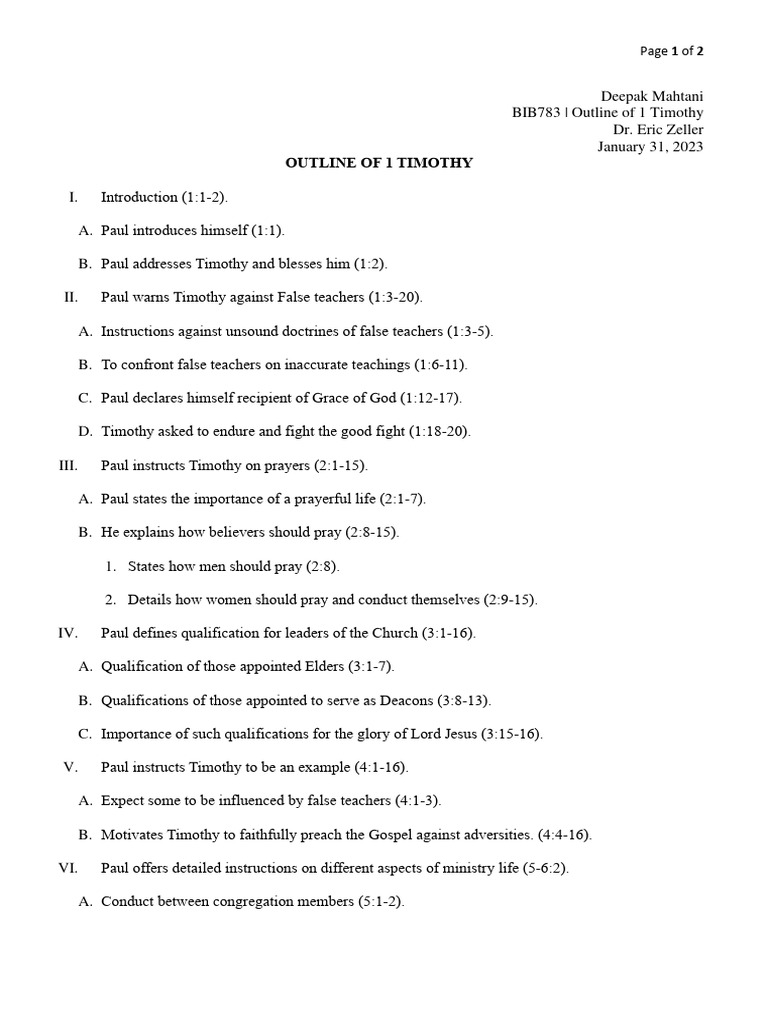 BIB783 2 Mahtani Outline of 1 Timothy | PDF | Paul The Apostle | Elder ...