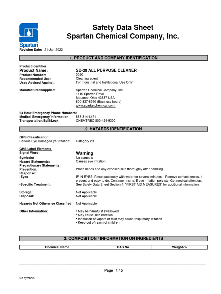 SD-20 All Purpose Cleaner | PDF | Hazards | Chemistry