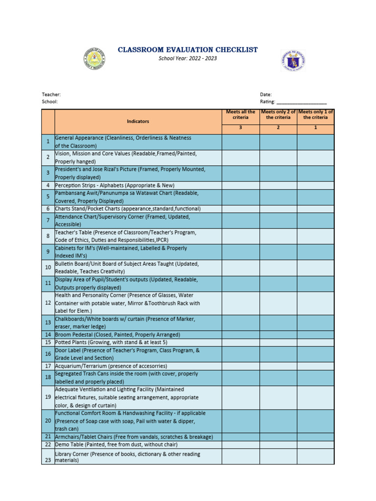 Classroom Evaluation Checklist 2 | PDF
