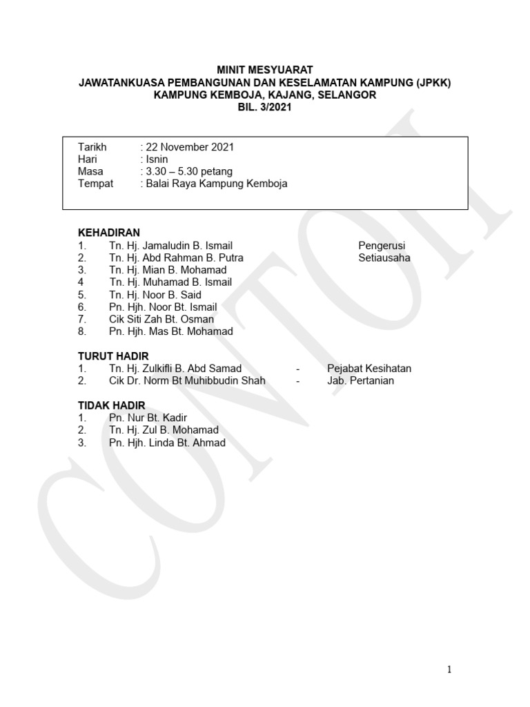 Contoh Minit Mesyuarat | PDF