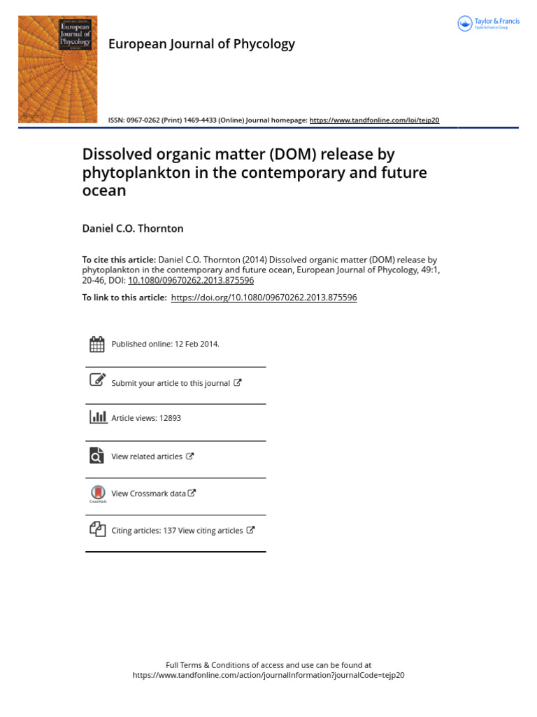Dissolved Organic Matter DOM Release by Phytoplankton in The Contemporary and Future Ocean | PDF ...