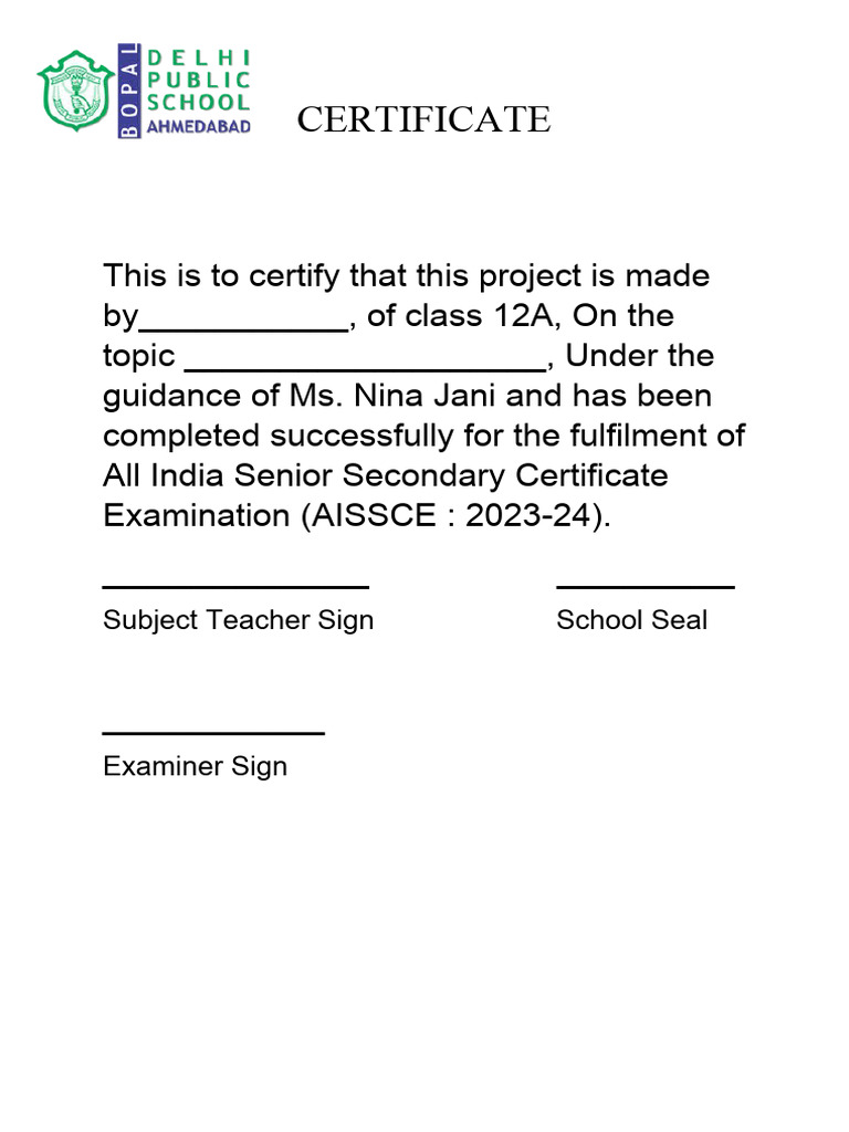 Certificate For Project Pdf