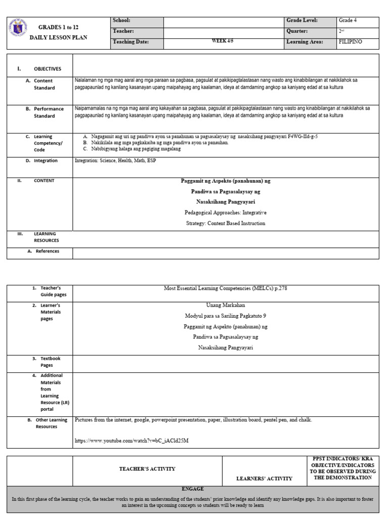 GRADE 4-DLP-FIL-final | PDF | Learning | Teachers