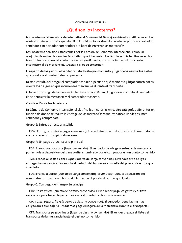 Control de Lectur 4 Incoterms | PDF | El comercio internacional | Gestión de la cadena de suministro