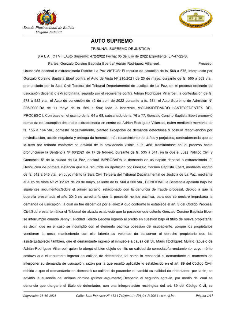 Auto Supremo 472-2022 | PDF | Posesión (Ley) | Propiedad